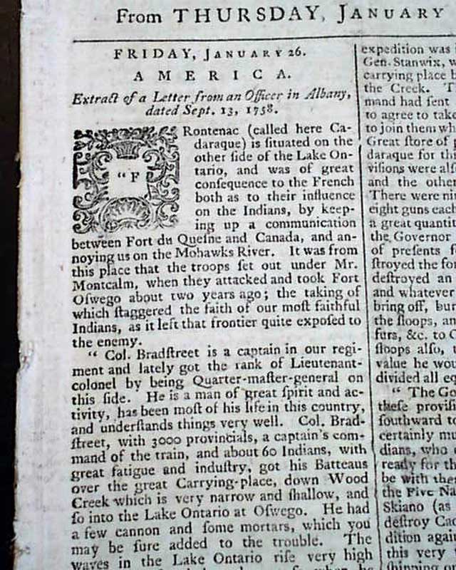 Battle of Fort Frontenac reported on the front page... - RareNewspapers.com