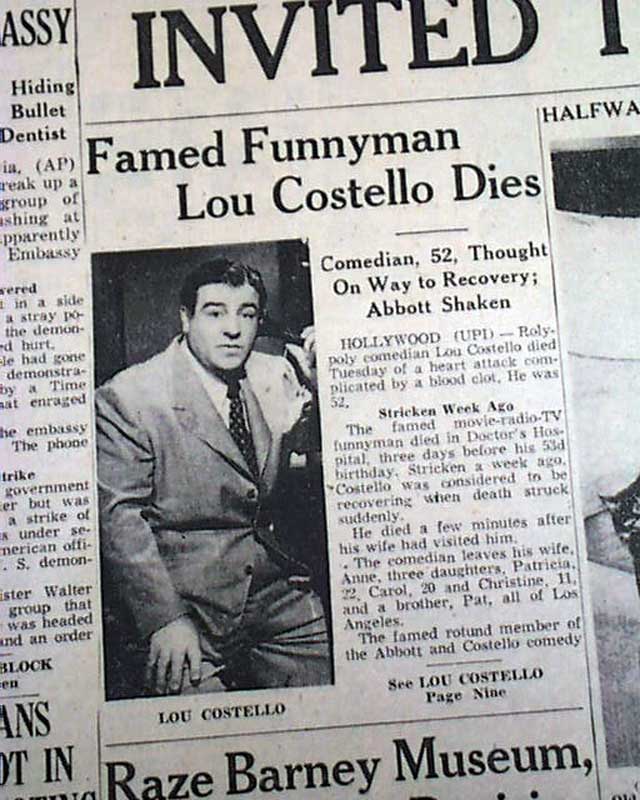 Death of Lou Costello... - RareNewspapers.com