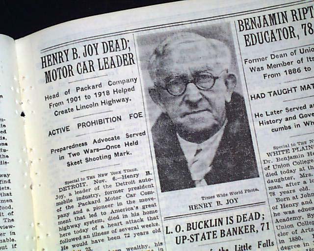 Henry Bourne Joy death... Packard Motor Car Company... - RareNewspapers.com