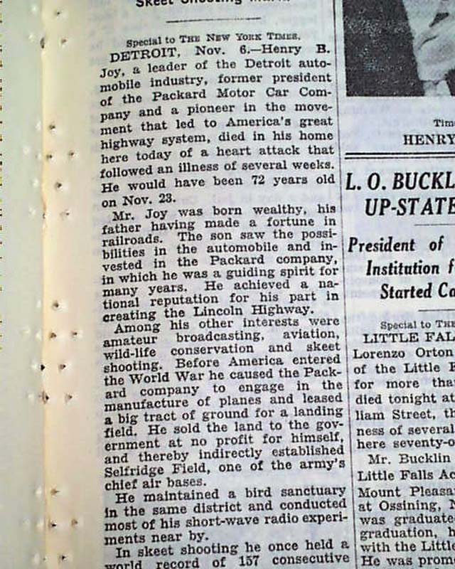 Henry Bourne Joy death... Packard Motor Car Company... - RareNewspapers.com