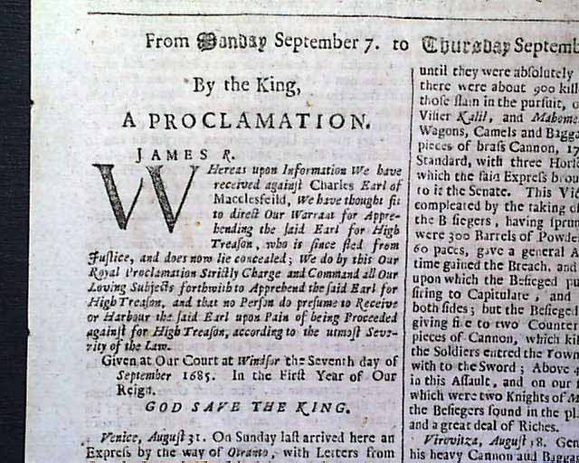 Proclamation by King James II... - RareNewspapers.com