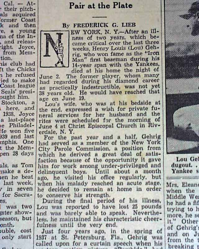 Death of Lou Gehrig in 1941... - RareNewspapers.com