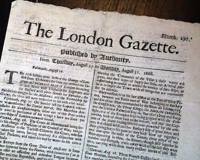 Genuine London Gazette newspaper from 1668... - RareNewspapers.com