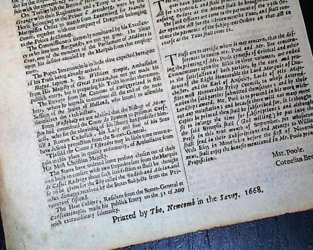 Genuine London Gazette newspaper from 1668... - RareNewspapers.com