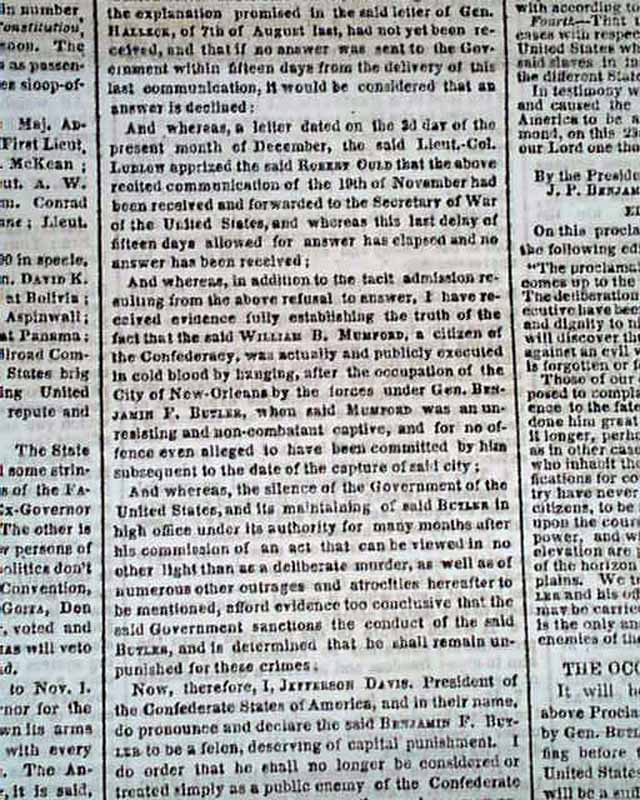 Proclamation signed by Jefferson Davis: Butler to be hanged ...
