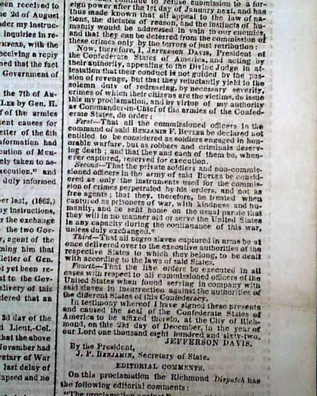 Proclamation signed by Jefferson Davis: Butler to be hanged ...