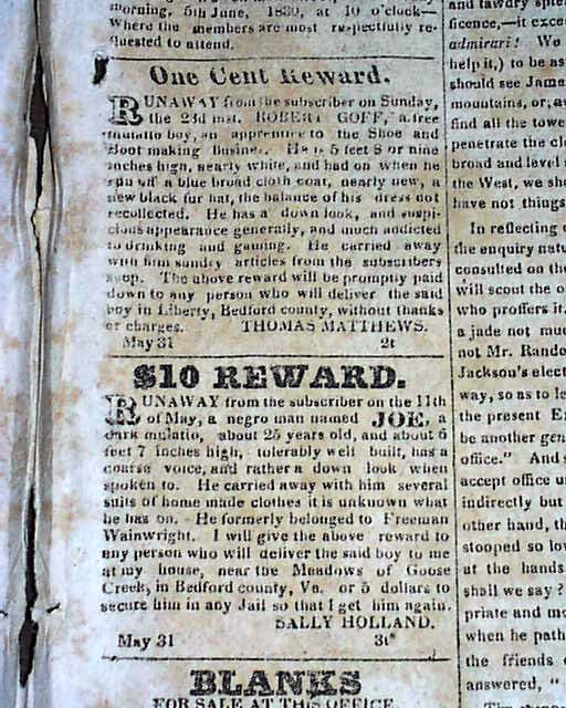 1830 Lynchburg VA Runaway Slave Ads.... - RareNewspapers.com