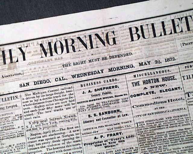1872 Old West Newspaper From San Diego CA...... - RareNewspapers.com