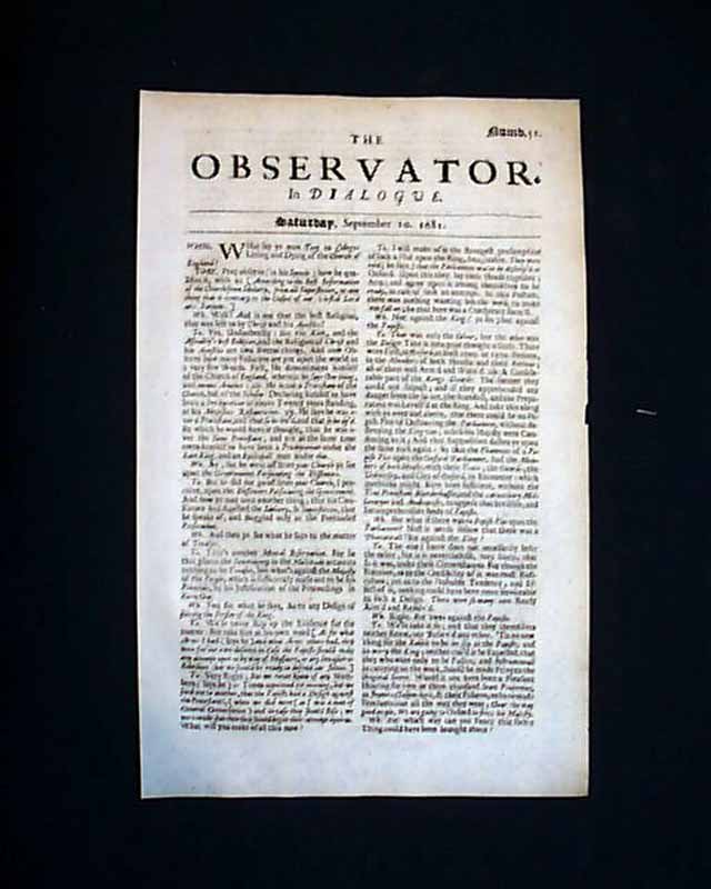 Very Early Rare 1681 OBSERVATOR Newspaper 322 Years Old ...