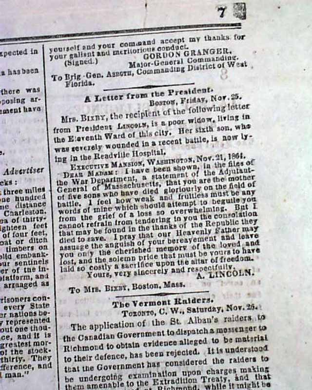 Lincoln's famous letter to Mrs. Bixby... - RareNewspapers.com