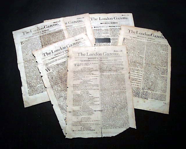 Six issues of the London Gazette, 1600's... - RareNewspapers.com