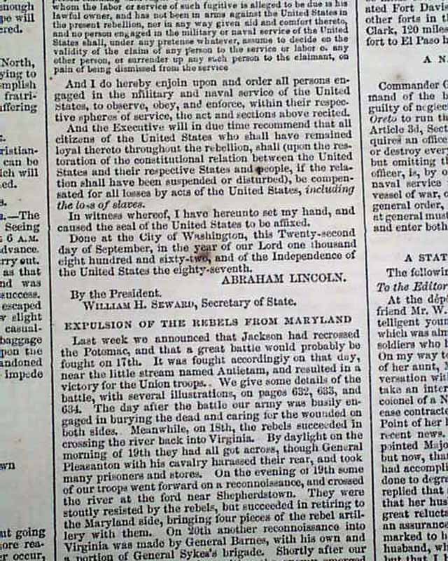 Emancipation Proclamation & battle of Antietam... - RareNewspapers.com