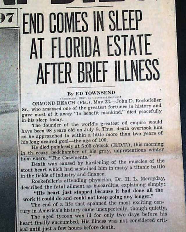 John D. Rockefeller death in 1937.... - RareNewspapers.com