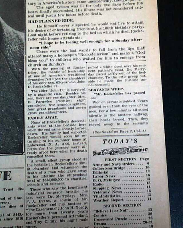 John D. Rockefeller death in 1937.... - RareNewspapers.com