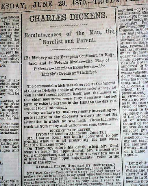 1870 Charles Dickens death... - RareNewspapers.com