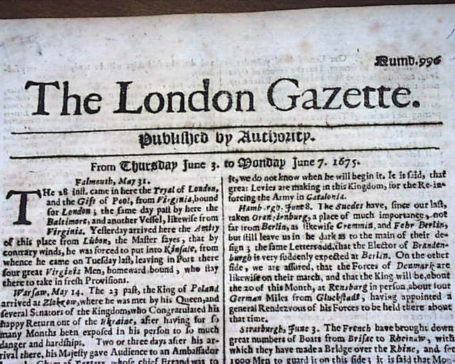 Very Early Virginia Mention In The Year 1675 - RareNewspapers.com