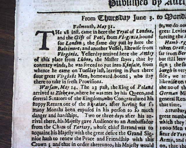 Very Early Virginia Mention In The Year 1675 - RareNewspapers.com