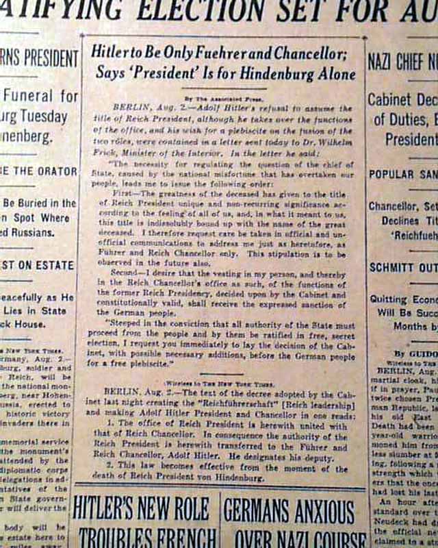 Adolf Hitler becomes President of Germany... - RareNewspapers.com