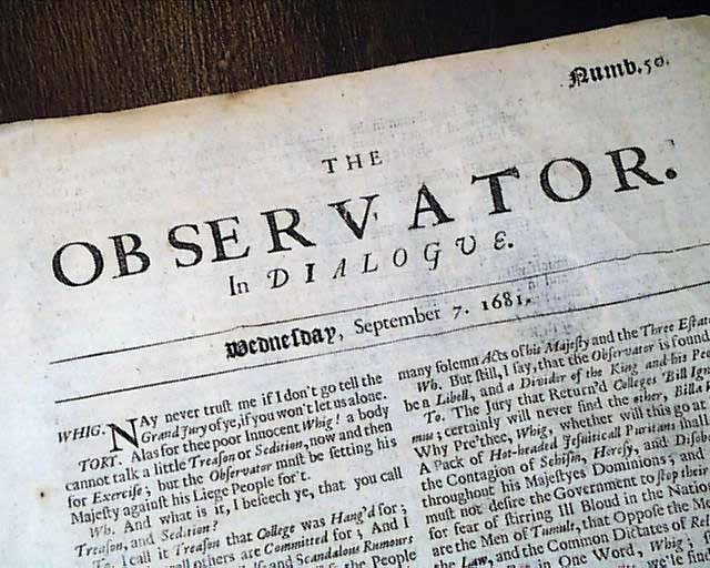 Very Early Rare 1681 OBSERVATOR Newspaper 322 Years Old ...