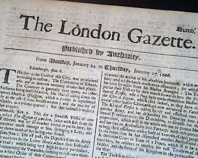 Genuine London Gazette newspaper from 1666... - RareNewspapers.com
