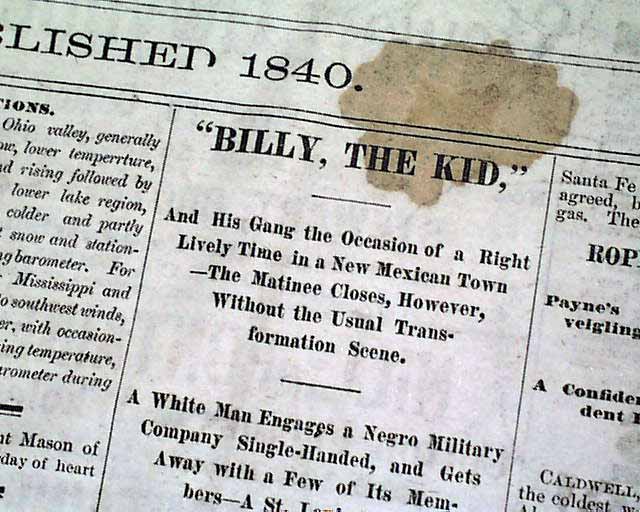 Capture of Billy The Kid... Unusually large headline ...