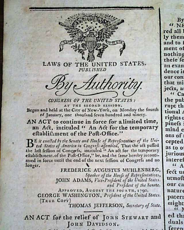 Four Acts of Congress signed by George Washington... - RareNewspapers.com
