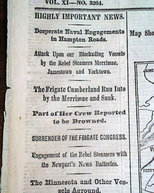 Great Monitor vs. Merrimac With Map In 1862... - RareNewspapers.com