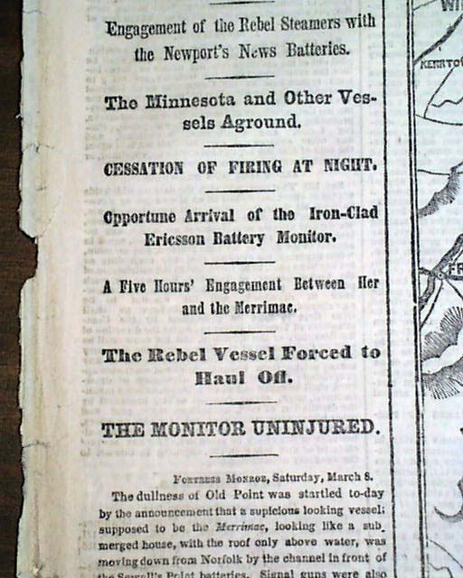 Great Monitor vs. Merrimac With Map In 1862... - RareNewspapers.com