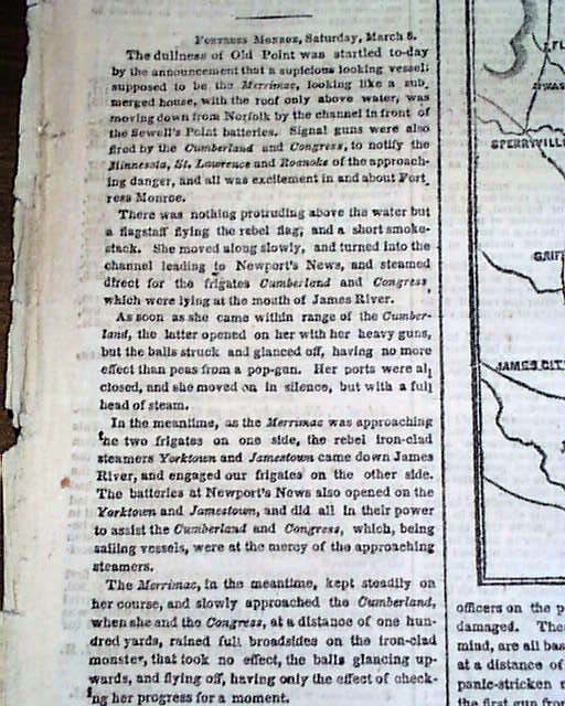 Great Monitor vs. Merrimac With Map In 1862... - RareNewspapers.com