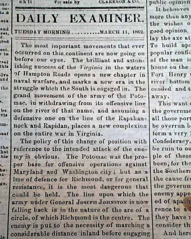 Historic Monitor vs. the Merrimac in a Confederate newspaper ...