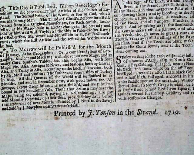 1710 Before REVOLUTIONARY WAR Newspaper 296 Years Old ...