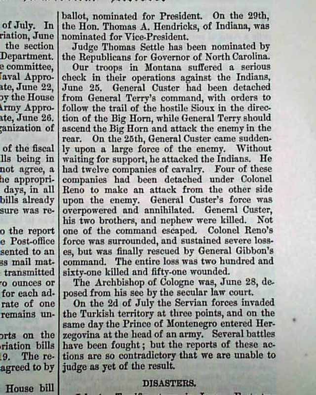 Custer Massacre: reads as a first report... - RareNewspapers.com
