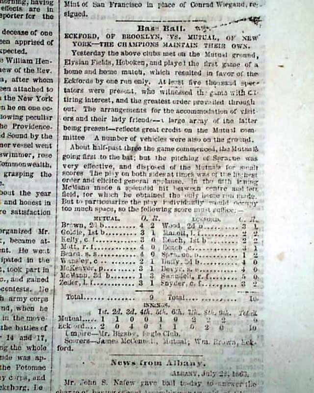 Early Baseball Front page report during the Civil War... war report ...