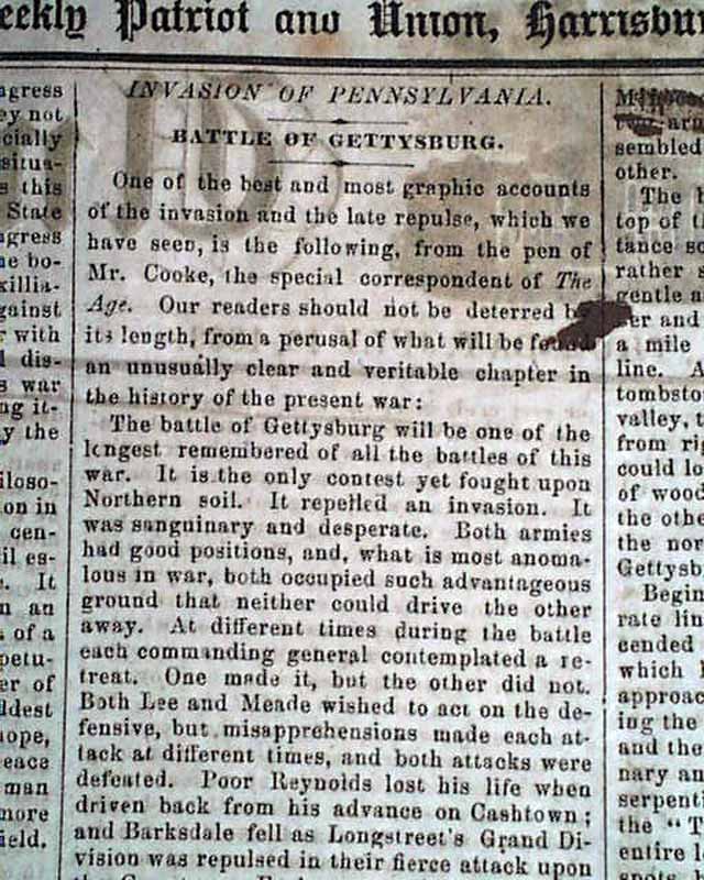 Battle of Gettysburg report, printed just 38 miles from the battlefield ...