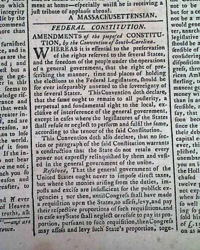 Pillar cartoon notes that South Carolina has ratified the Constitution ...