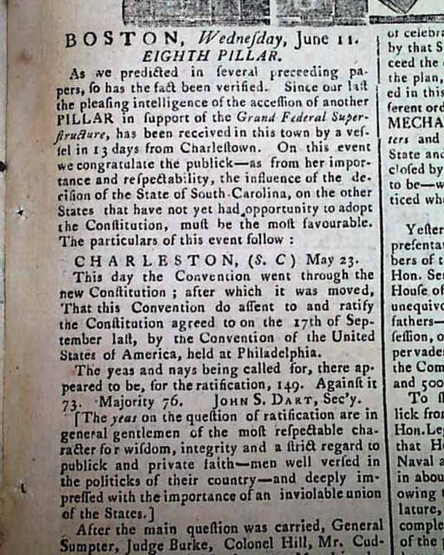 Pillar cartoon notes that South Carolina has ratified the Constitution ...