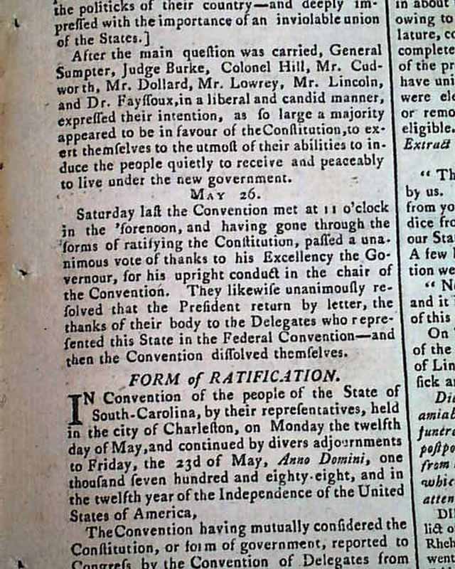 Pillar cartoon notes that South Carolina has ratified the Constitution ...