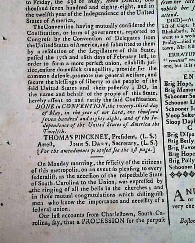 Pillar cartoon notes that South Carolina has ratified the Constitution ...