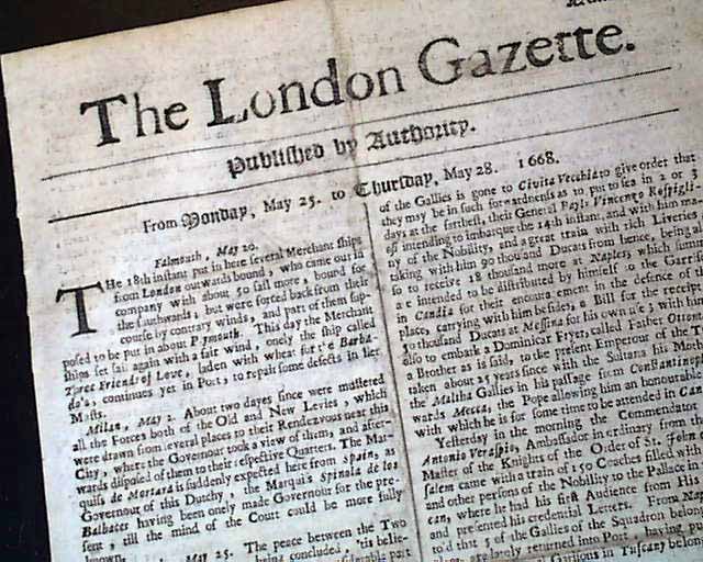 Genuine London Gazette newspaper from 1668... - RareNewspapers.com
