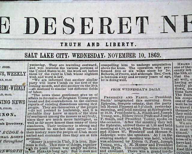 1869 Old West Newspaper From SALT LAKE CITY UT... - RareNewspapers.com