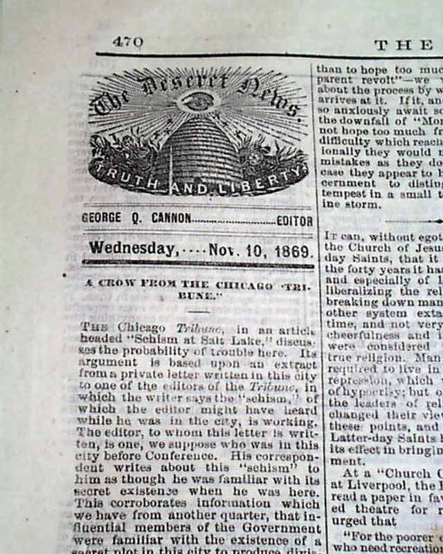 1869 Old West Newspaper From SALT LAKE CITY UT... - RareNewspapers.com