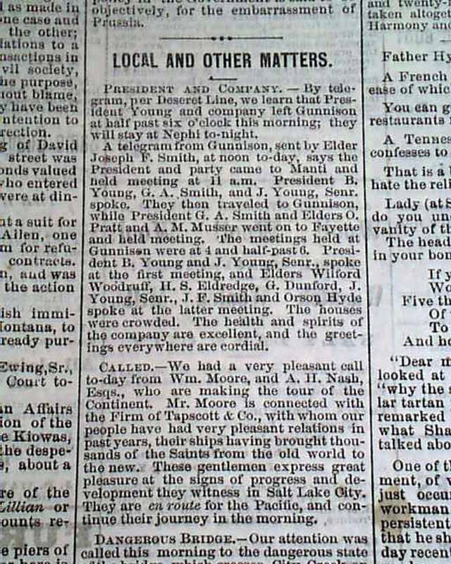 1869 Old West Newspaper From SALT LAKE CITY UT... - RareNewspapers.com
