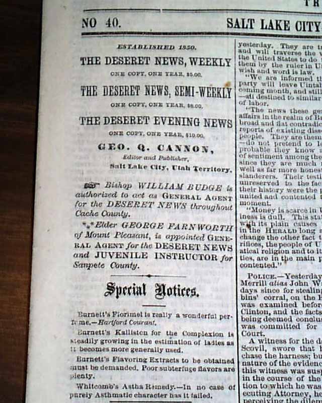 1869 Old West Newspaper From SALT LAKE CITY UT... - RareNewspapers.com