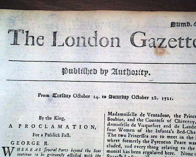 1721 London Gazette; Rare, Vintage, 284 Years Old! - RareNewspapers.com