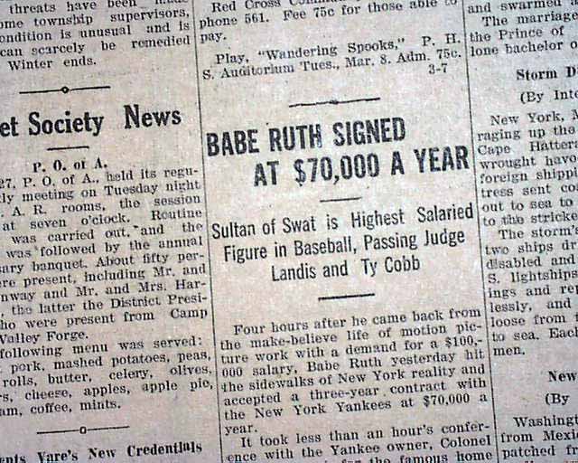 Babe Ruth highest salaried person in baseball... - RareNewspapers.com