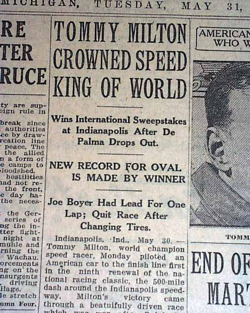 Tommy Milton wins Indianapolis 500 in 1921... - RareNewspapers.com
