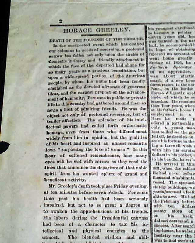 Death of Horace Greeley in his own newspaper... - RareNewspapers.com