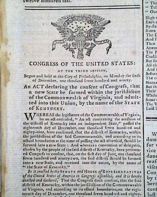 Kentucky becomes a state... - RareNewspapers.com