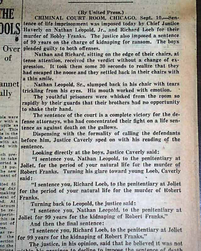 Leopold & Loeb Get Life In Prison In 1924... - RareNewspapers.com