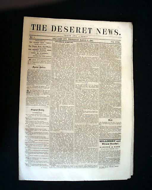 1869 Old West Newspaper From SALT LAKE CITY UT... - RareNewspapers.com